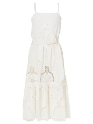 Miguelina Esme Belted Guipure Lace-trimmed Cotton-blend Midi Dress - Neutrals