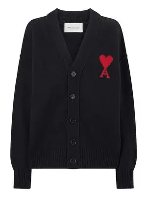 AMI Paris Intarsia Merino Wool Cardigan - Black