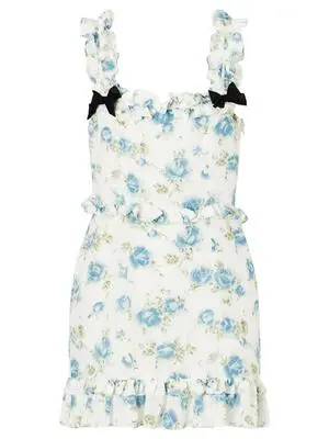 Alessandra Rich Ruffled Floral-print Silk Mini Dress - Blue