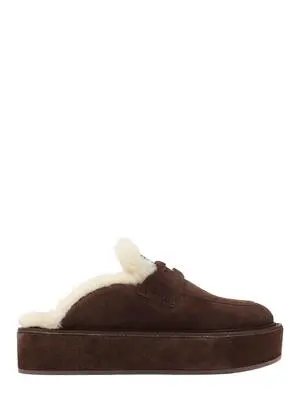 Miu Miu Suede Sabot With Shearling Lining - Brown