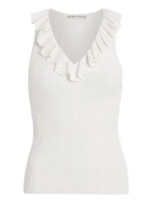 Alice + Olivia Daryn Ruffled Ribbed Knit Top - White