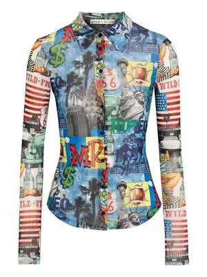 Alice + Olivia Jade Printed Stretch-mesh Shirt - Slate Blue