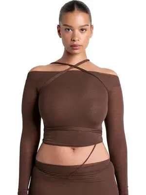 SKIMS Sheer Modal Off-the-shoulder Long Sleeve Top - Cocoa