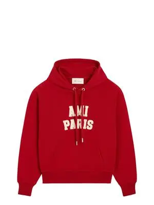 AMI Paris Embroidered Organic Cotton Hoodie - Ruby Red/ivory