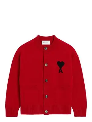 AMI Paris Red Crewneck Wool Cardigan - Ruby Red/black