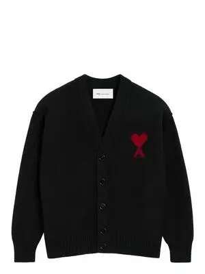AMI Paris Black Wool Cardigan With De Coeur Emblem - Black/red