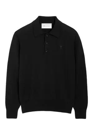 AMI Paris Black Wool Polo With De Coeur Black - Black/black