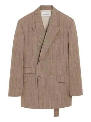 AMI Paris Brown Double Breasted Striped Wool Blazer Brown - Choco Brown/ruby Red