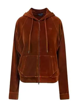TOM FORD Stretch Cotton Velour Zip Hoodie With Tonal Tf Embroidered Logo - Brown