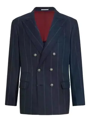 Brunello Cucinelli Cashmere And Virgin Wool Multistripe Twill One-and-a-half Breasted Deconstructed Blazer With Metal Buttons - Blue