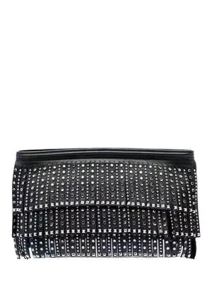 Prada Embellished Leather Fringe Clutch - Black