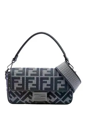 Fendi Ff Embroidered Wool Houndstooth Baguette Satchel - Grey