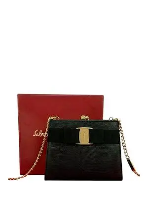 FERRAGAMO Lizard Embossed Leather Vara Chain Crossbody Bag - Black