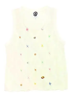 YANYAN Lattice Tank Top With Floral Embroidery And Crystal Embellishments - Neutrals