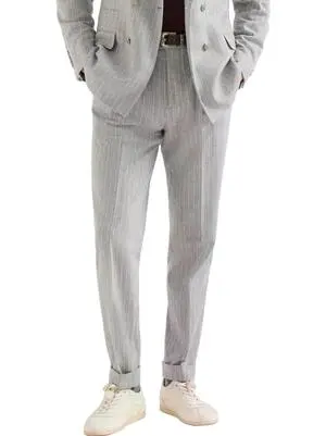 Brunello Cucinelli Virgin Wool And Cashmere Chalk Stripe Flannel Trousers With Pleat - Grey