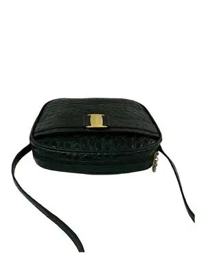FERRAGAMO Croc Embossed Leather Vara Crossbody Bag - Black