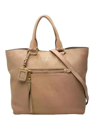Prada Vitello Daino Leather Convertible Tote Satchel - Neutrals
