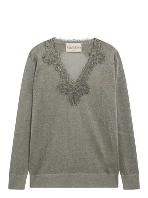 Valentino Garavani Viscose Blend Lace V-neck Sweater - Silver