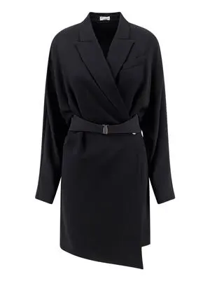 Brunello Cucinelli Chemisier Dress With Tuxedo-style Band - Black