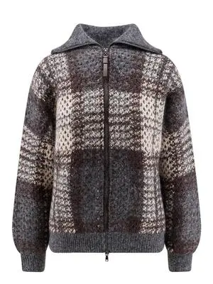 Brunello Cucinelli Intarsia And Micro-sequin Embroidered Zip-up Cardigan - Cream
