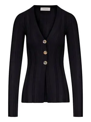Sportmax Fitted Ribbed Viscose Blend Cardigan With Jewel Buttons - Black