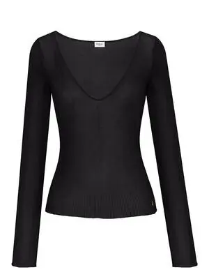 Saint Laurent Ribbed Silk V-neck Top - Black