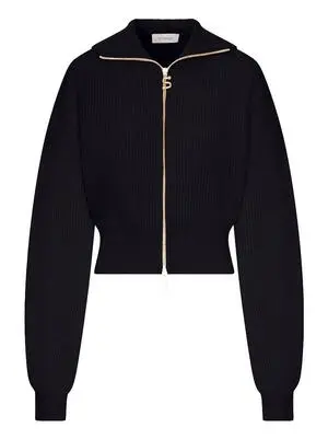 Sportmax Ribbed Wool Cardigan With Wide Collar And Zipper - Black