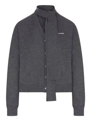 Miu Miu Wool Cardigan With Scarf And Logo - Gray