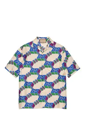 Gucci 3d Gg Print Silk Shirt 'blue Ivory - Blue/ivory