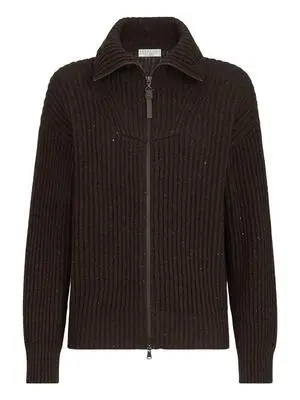Brunello Cucinelli Ribbed Cardigan With Zipper And Monili Detail - Brown