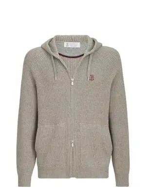 Brunello Cucinelli Brunello Cucinelli Cashmere English Rib Zip-Up Hooded Knit Sweatshirt With Logo Stone Gray