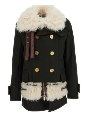 Sacai Double-breasted Coat With Fur Trim - Green