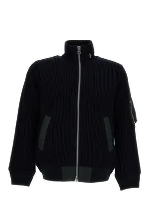 Sacai Rib-knit High Neck Zip-up Sweater - Blue