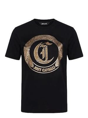 Just Cavalli Cotton T-shirt With Crystal Logo - Black
