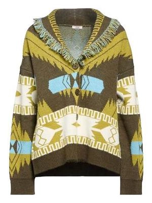 OLTRE Military Geometric Pattern Cardigan With Fringes - Green