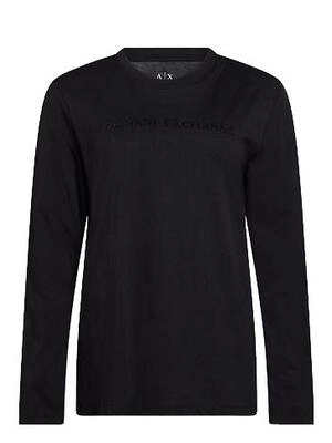 Armani Exchange Long Sleeve Cotton T-shirt With Crystal Embellished Logo - Black