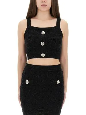 Balmain Cropped Tweed Top With Button Detail - Black