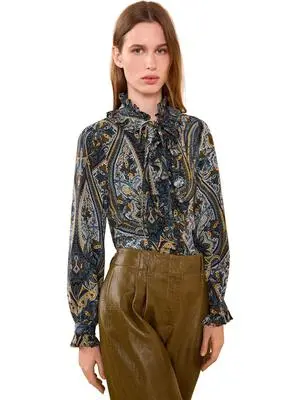Ulla Johnson Ulla Johnson Catroux Long Sleeve Silk Blouse With Ruffled Collar And Bow Detail Prussian