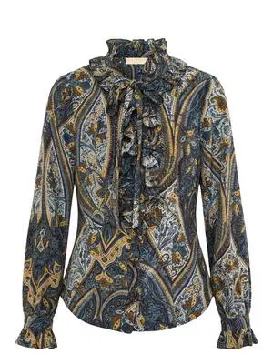 ULLA JOHNSON Catroux Long Sleeve Silk Blouse With Ruffle And Bow Detail