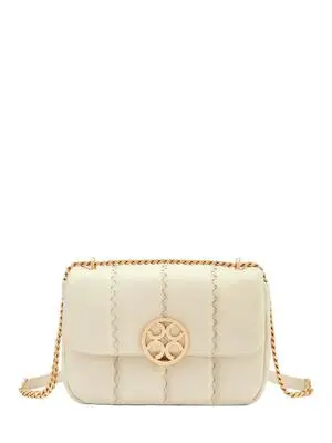 ORANGE CUBE Square Stitch Flap Bag With Pearl Embellishment - White