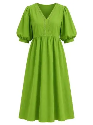 IZABELA MANDOIU Midi Dress With Puff Sleeves And Lace Inserts - Green