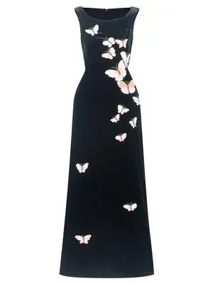 SILK AND BEARS Hand-embroidered Butterfly Velvet Maxi Evening Dress - Black