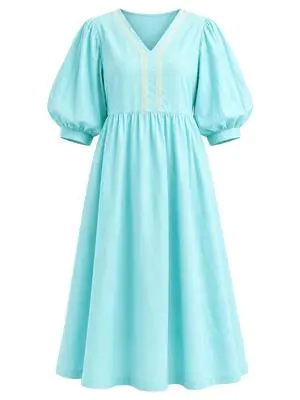 IZABELA MANDOIU Izabela Mandoiu Aqua Midi Dress With Puff Sleeves And Decorative Trim Blue