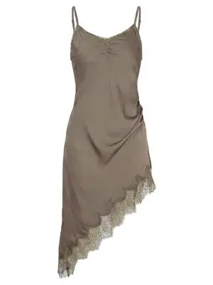 MODENAIRE Asymmetric Satin Slip Dress With Lace Trim And Draping - Green
