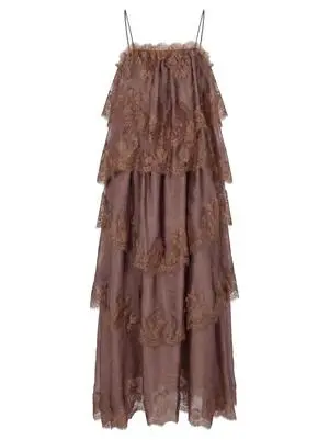 MODENAIRE Sleeveless Lace Tiered Maxi Dress With Leaf-edge Hem - Brown
