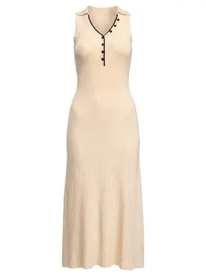 TANTRA SPAIN SL Sleeveless Ribbed Knit Midi Dress With Button Detail And Contrast Trim - Beige