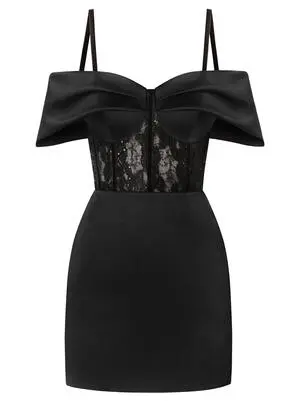 TIA DORRAINE Satin Mini Dress With Lace Corset Detail - Black