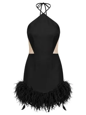 NOMI FAME Peony Mini Halter Neck Dress With Feather Trim - Black