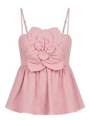 Yumi Kim Linen Peplum Top With Floral Applique - Pink