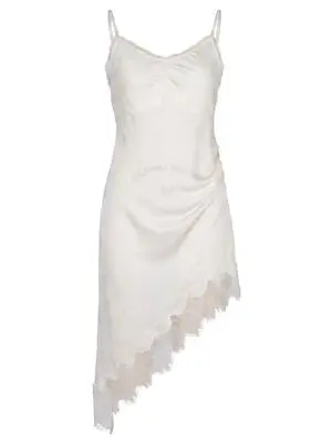 MODENAIRE Asymmetrical Satin Slip Dress With Lace Trim And Draped Silhouette - White